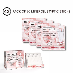 Mineroll Styptic Stick Shave Accessories (4-Packs, 80-Sticks) Stops Bleeding for Razor Nicks and Minor Cuts for Men & Women, Sanitary and Great for Barbers & Personal, Shaving Kit Essential (1)