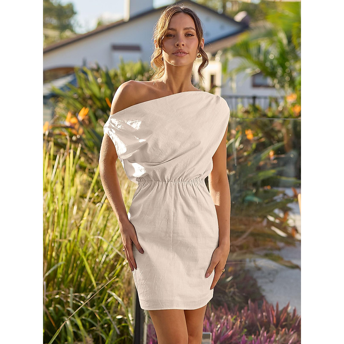 LILLUSORY Summer Dresses for Women 2023 Trendy A-Line One Sleeve Ladies Dresses Vacation Beach Dress Beige S