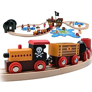 Pidoko Kids Pirate Theme Wooden Train Set - 72 Pcs - Includes Magnet Fishing Poles - Set compatible with all major brand tracks and trains