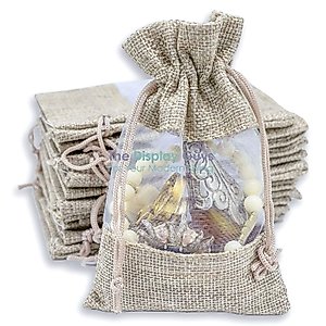 TheDisplayGuys - 48-Pack 5x7 Linen Burlap & Sheer Organza Gift Bag with Drawstring for Party Favors, Presents, Samples & Treats Mesh Pouch (Beige, Medium)