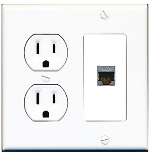 15 Amp Round Power Outlet 1 Port Cat6 Shielded Ethernet Wall Plate White