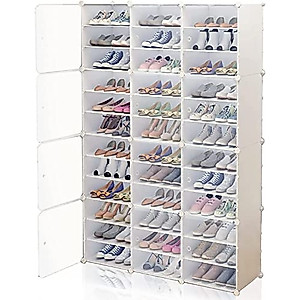 Portable Shoe Rack Organizer 12 Tier DIY Shoe Cabinet, 72 Pair White Plastic Stackable Closet Shoe Box Storage Cabinet for Entryway, Bedroom and Hallway Shoe Cabinet w/Doors