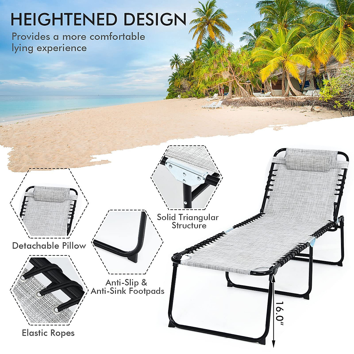 Tangkula Foldable Beach Lounge Chair for Outside, Sunbathing Chair with Removable Headrest, 4-Position Adjustable Backrest, Portable Tanning Chaise Lounger for Yard, Patio, Beach, Camping (1, Grey)