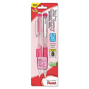 Pentel PD277TBP2PBC Pink Ribbon Twist-Erase CLICK Mechanical Pencil, 0.7 mm, 2/Pack