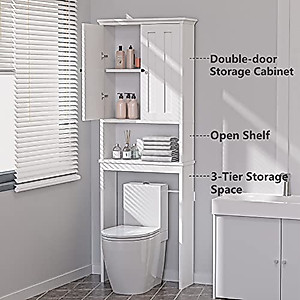 Hcman 67.32" H Over The Toilet Storage Cabinet, Double Door Bathroom Cabinet Organizer Shelf Over Toilet, Toilet Rack with Inner Adjustable Shelf and Open Shelf, White