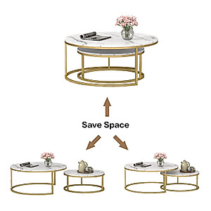 Modern Nesting Coffee Table, Marble Look Sofa Side Nest of Tables Round End Tables, Set of 2, Golden Color Frame with Wood Top- 32”& 24” Table Set