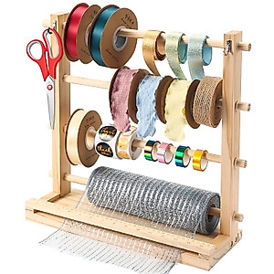 Aulin Ribbon Storage Organizer Rack - Wooden Ribbon Spool Holder for Craft Mesh Ribbon Wreath Bow Washi Tape Arts & Crafts Supplies, Ribbon Rack for Craft Room, Florist Arts Wrapping Craft Gift