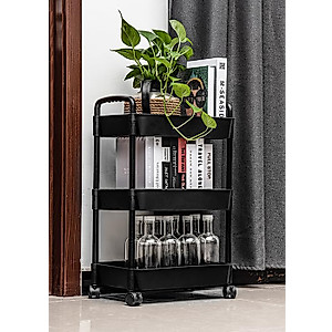 TXT&BAZ Tier Cart 3 Tiers Utility Rolling Cart with Lockable Wheels,Black