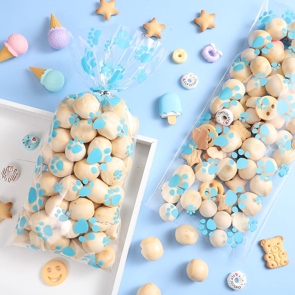 200 Pieces Pet Paw Print Cellophane Bags Dog Party Favor Bags Heat Sealable Treat Bags Dog Paw Gift Bags Cat Candy Bags with 200 Pieces Silver Twist Ties for Pet Treat Party Favor (Blue)