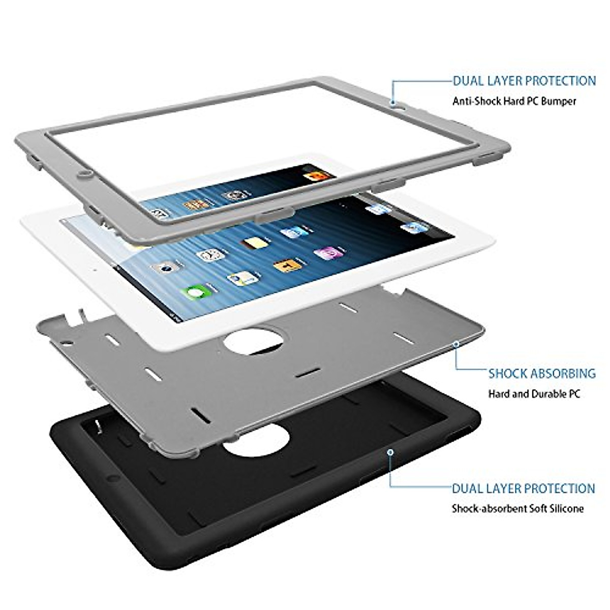 Fingic for iPad 4/3/2 Case - Rugged 3 in 1 Hybrid Heavy Duty Shock-Absorption Scratch-Resistant Protective Case, Gray/Black