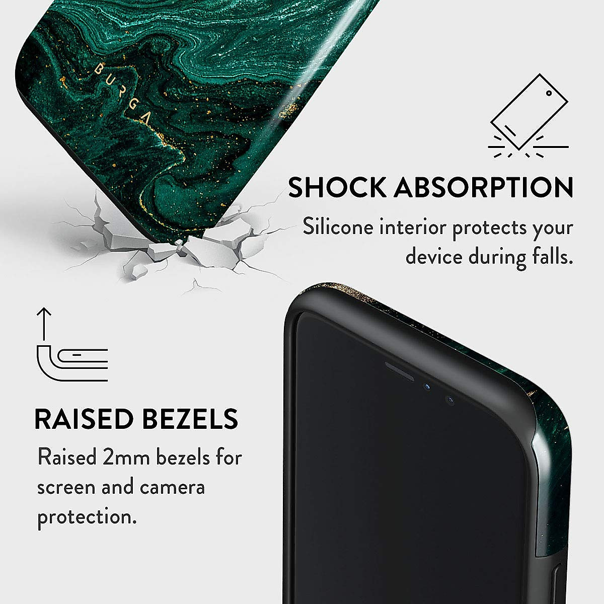 BURGA Phone Case Compatible with iPhone X/XS - Hybrid 2-Layer Hard Shell + Silicone Protective Case -Emerald Green Jade Stone High Luxury Gold Glitter Marble - Scratch-Resistant Shockproof Cover