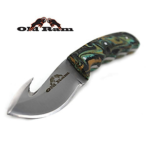 Old Ram Gut Hook Deer Skinner Fixed Blade Sharp Hunting Camping Knife w./ Leather Sheath (GP)