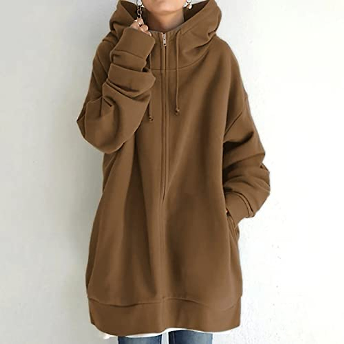 JIEMUXIU Cowl Neck Hoodie for Women Plus Size Long Length Full Zip Hooded Sweatshirt Fall Winter Coats with Pockets