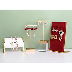 GemeShou 2pcs Metal T Bar Earring Stand Gold Single Earring Display T Stand for shows Jewelry Photography Props【Gold-Square Base 2pcs Height 4.3" and 5.1"】