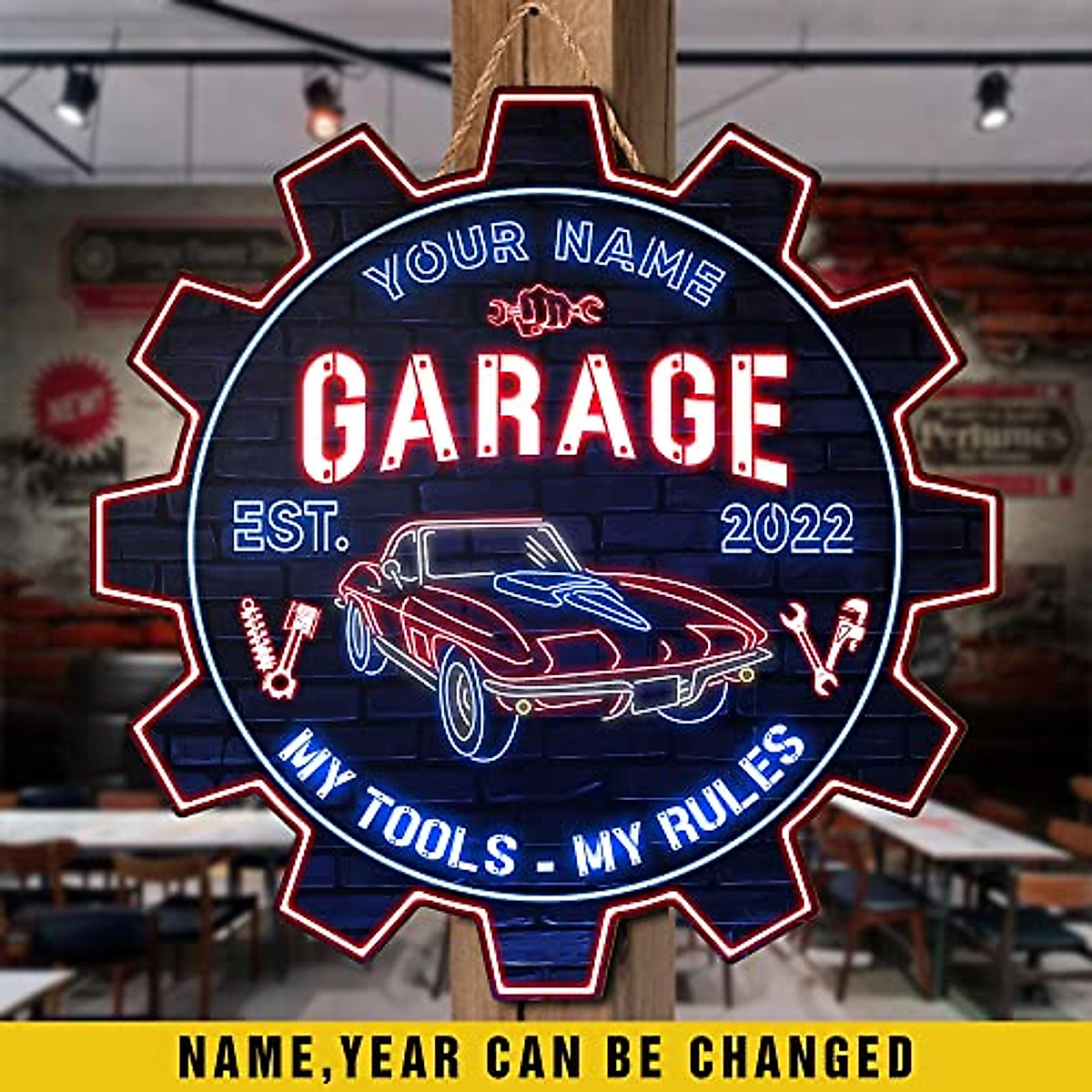V VIBEPY-All Over Printed Personalized Garage Sign, My Tool My Rules US Flag, Car Garage Wooden Sign, 12x12", 18x18", Dad Garage Signs, Garage Signs Vintage, Garage Storage Sign, Father Garage Sign, Garage Sign For Men, Man Cave,Game Room Decor Father Day