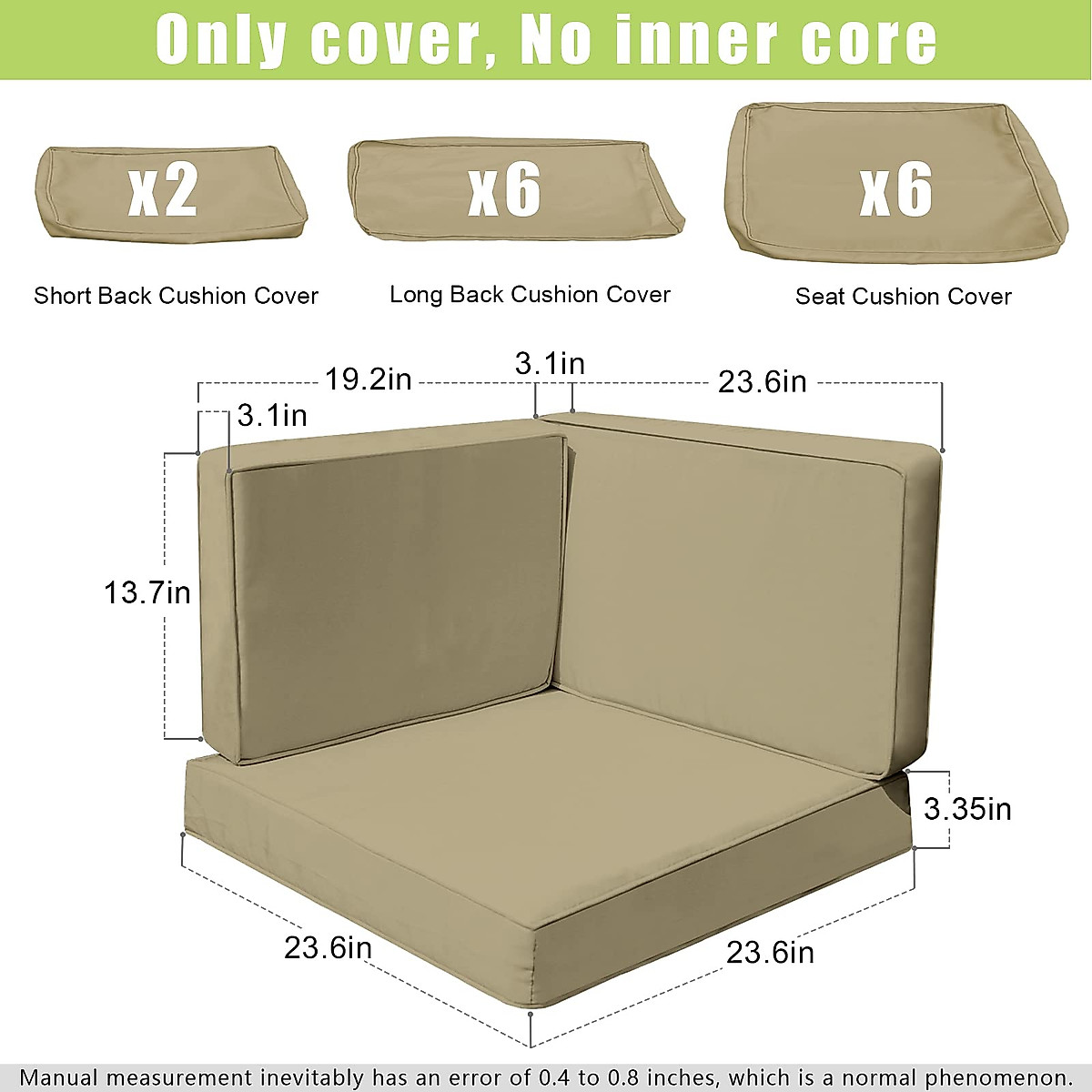 FKSLIFE 14Pieces Patio Cushion Covers Replacement,Outdoor Couch Cushions Covers Waterproof Furniture Cushion Covers Slipcovers Set with Zippers,Cover Only(Brown, 23.6×23.6×3.35 inches)
