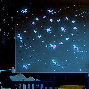 Glow in The Dark Unicorn Wall Decor Decals Stickers Unicorn Wall Stickers for Baby Girls Bedroom Blue Luminous Glow Unicorn Stars Ceiling Stickers for Kids, Birthday Gift for Baby Boys Kids