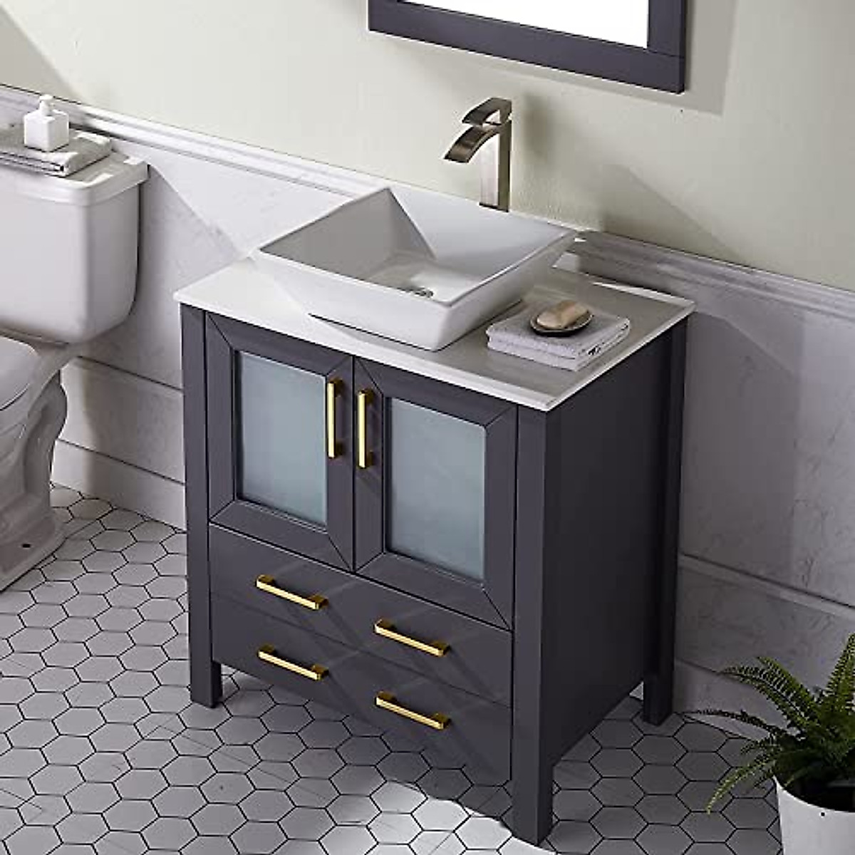 Wenore Home 30 Inch Bathroom Vanity with Sink, Dark Gray Bathroom Vanity and Basin Top,Bath Sink Cabinet Set with Ceramic Sink Tempered Glass Countertop, Storage Cabinet 2 Doors 2 Drawers