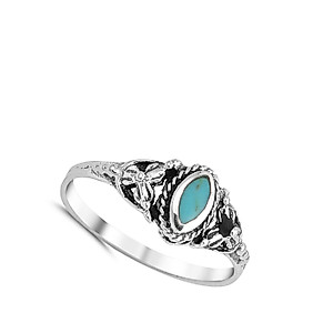 Bali Simulated Turquoise Flower Ring New .925 Sterling Silver Band Size 8