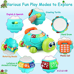 Bilingual Musical Turtle Baby Toys 6 to 12 Months, Development Toy for 6 7 8 9 Month Old Boy Girl, 8-in-1 Educational Crawling Infant Toy w/Light Music, Christmas Easter Gift for 3 4 5 6-12 18 Month