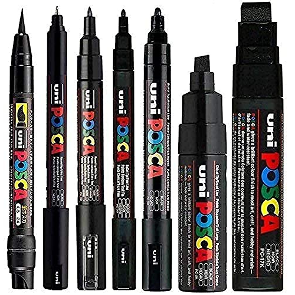 Uni POSCA Mixed Marker Pack - 7 Paint Markers In Various Sizes - Brush, 1Mr, 1M, 3M, 5M, 8K, 17K (Black)
