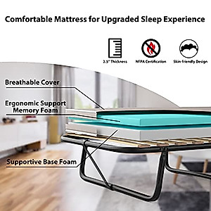 Giantex Folding Rollaway Bed with Mattress for Adults, Cot Size Portable Guest Bed with Memory Foam Mattress for Bedroom Office, Fold up Bed with Steel Frame & Wood Slats, Easy Storage, Made in Italy