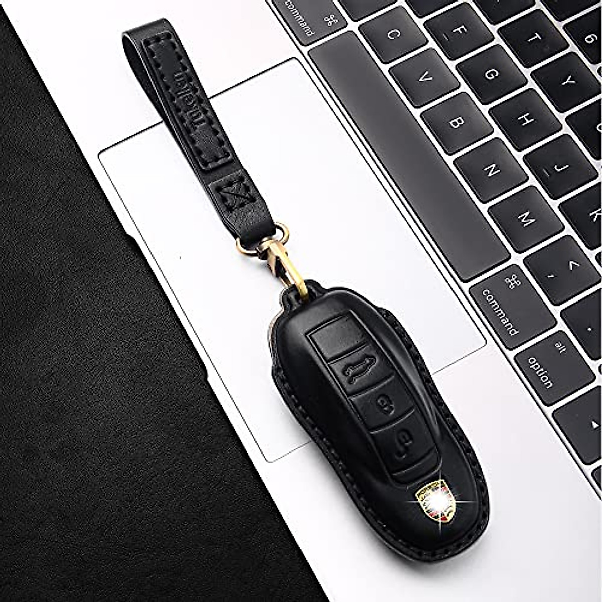 Tukellen for Porsche Leather Key Fob Cover with Keychain Key Shell Compatible with Porsche Panamera, Macan, Cayenne, 911-Black
