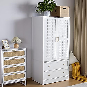 QEIUZON Wardrobe Closet, Freestanding Closet Wardrobe Cabinet with Wide Drawers & Hanging Rod, Armoire for Bedroom, Kids' Room, Dorm (White)