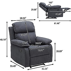 Dreamsir Recliner Chair Breathable Fabric Manual Single Sofa, Soft Living Room Chair Home Theater Lounge Seat, Removable Cushion, 34×34×38 inch, Grey
