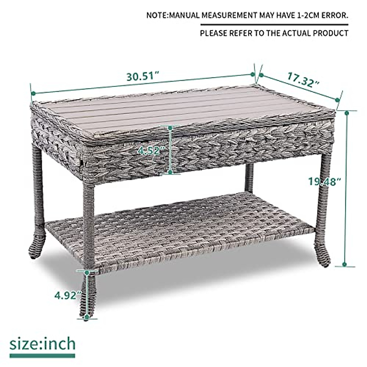 Koruiten Wicker Outdoor Coffee Table with Storage Shelf, All Weather Resin Rattan Patio Coffee Table with Wood Top for Outside Porch Backyard