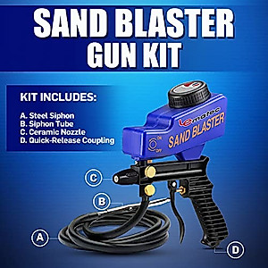 LE LEMATEC Sand Blaster Gun Kit for Air Compressor, Paint/Rust Remover for Metal, Wood & Glass Etching, Up to 150 PSI Continuous Blasting Media for Aluminum, Sand & Soda Blaster Jobs, Blue (AS118-2)
