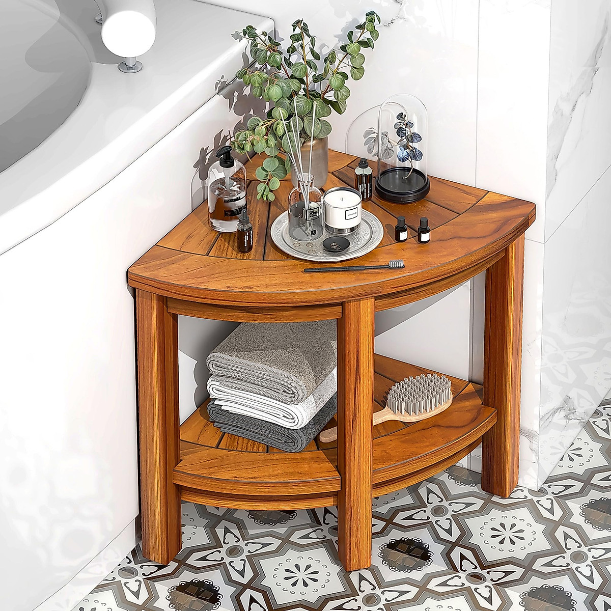 DWVO Teak Shower Bench 18" Shower Stool Corner Bench with Storage Shelf, Corner Seat for Inside Shower, Shower Stool Seat with Non-Slip Feet for Bathroom, Living Room, Indoor and Outdoor Use