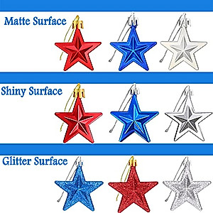 JULMELON 36Pcs Patriotic Star Ornaments Memorial Day Independence Day Labor Day Veterans Day Decorations for Home Party Christmas Tree Decor, Blue Red and Silver
