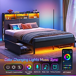 Rolanstar Full Bed Frame with Storage Headboard, Metal Platform Bed with Charging Station, LED, 4 Drawers, Bookcase Storage, No Box Spring Needed, Easy Assembly, Noise-Free, Black