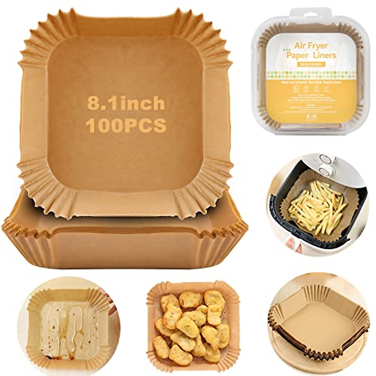 Air Fryer Disposable Paper Liners Square, 8.1 Inch Non-Stick Air Fryer Parchment Paper Liners, 100PCS Oil-Proof Parchment Baking Paper for Roasting Microwave Baking