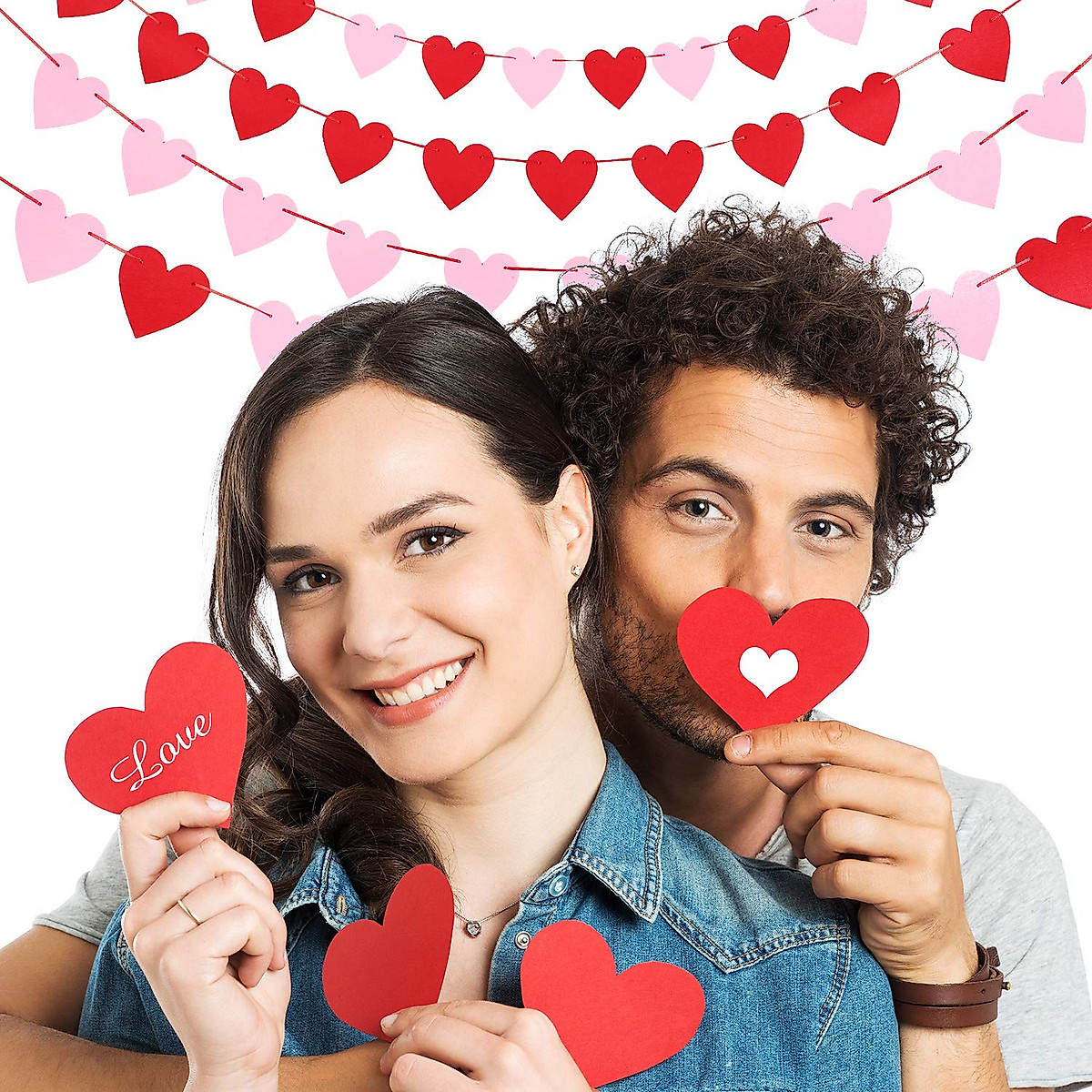 6 Sets Felt Heart Garland Banner, 60 Feet Red Pink Heart Garland Valentine's Day Banner Decor for Valentine's Day, Anniversary, Wedding, Birthday Party Decorations