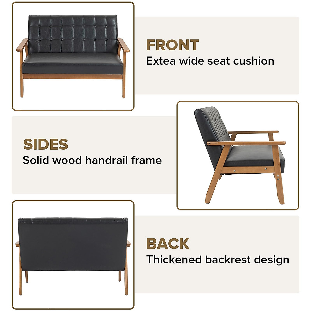 Ufurpie Mid Century Modern Loveseat, 2-Seat PU Leather Upholstered, Comfy Reading Couch, Accent Sofa for Living Room Bedroom, Easy Assembly, Black