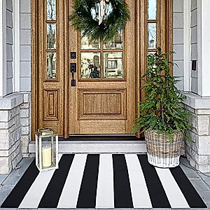 KOZYFLY Black and White Striped Rug 27.5x43 Inches Indoor Outdoor Rugs Hand Woven Cotton Washable Striped Layered Doormats for Front Door/Kitchen/Farmhouse/Entryway/Patio