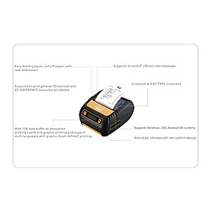 Adesso NuPrint 220B Portable Bluetooth Thermal Printer - 2" (58mm) Width, High-Speed Printing Up to 90mm/s, USB Compatible, Includes Thermal Paper and Power Cable