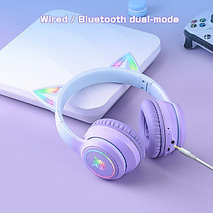 Bluetooth Cat Ear Headphones for Kids & Adults, Wireless & Wired Mode Foldable Headset with Mic - Clear Sound Quality - RGB LED Light, for Girls School Gaming, for Phone/Laptop/PC/Tablet, Purple