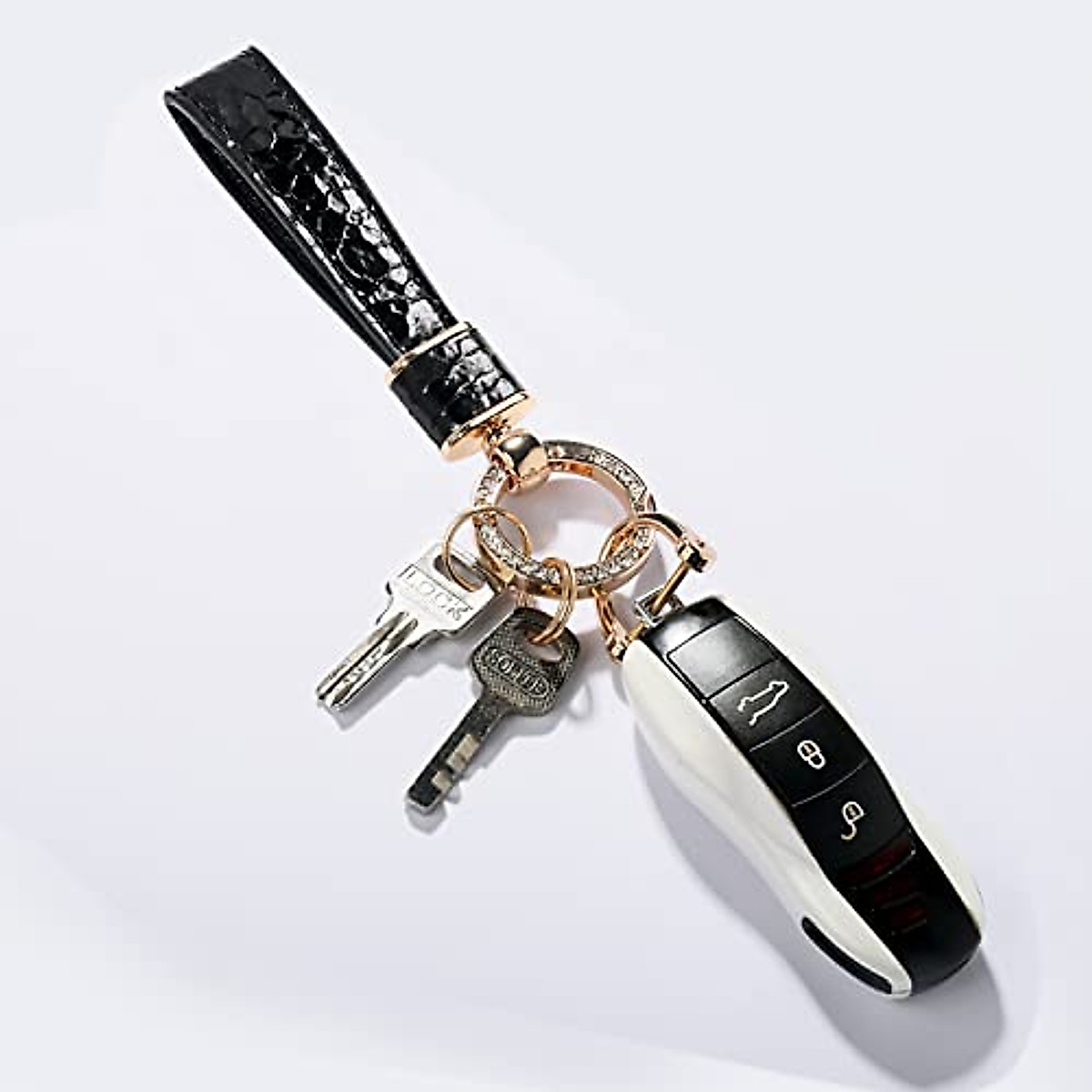 VAGURFO Leather Car Keychain,Key Fob Keychain Holder with 3 Keyrings, Anti-lost D-ring and Bling Metal Clip (Black)