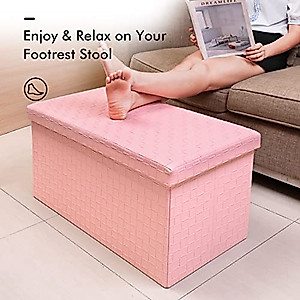 B FSOBEIIALEO Folding Storage Ottoman, Faux Leather Footrest Stool Long Bench Toy Box Chest for Girls, Pink 30 x15 x15 inches , Large