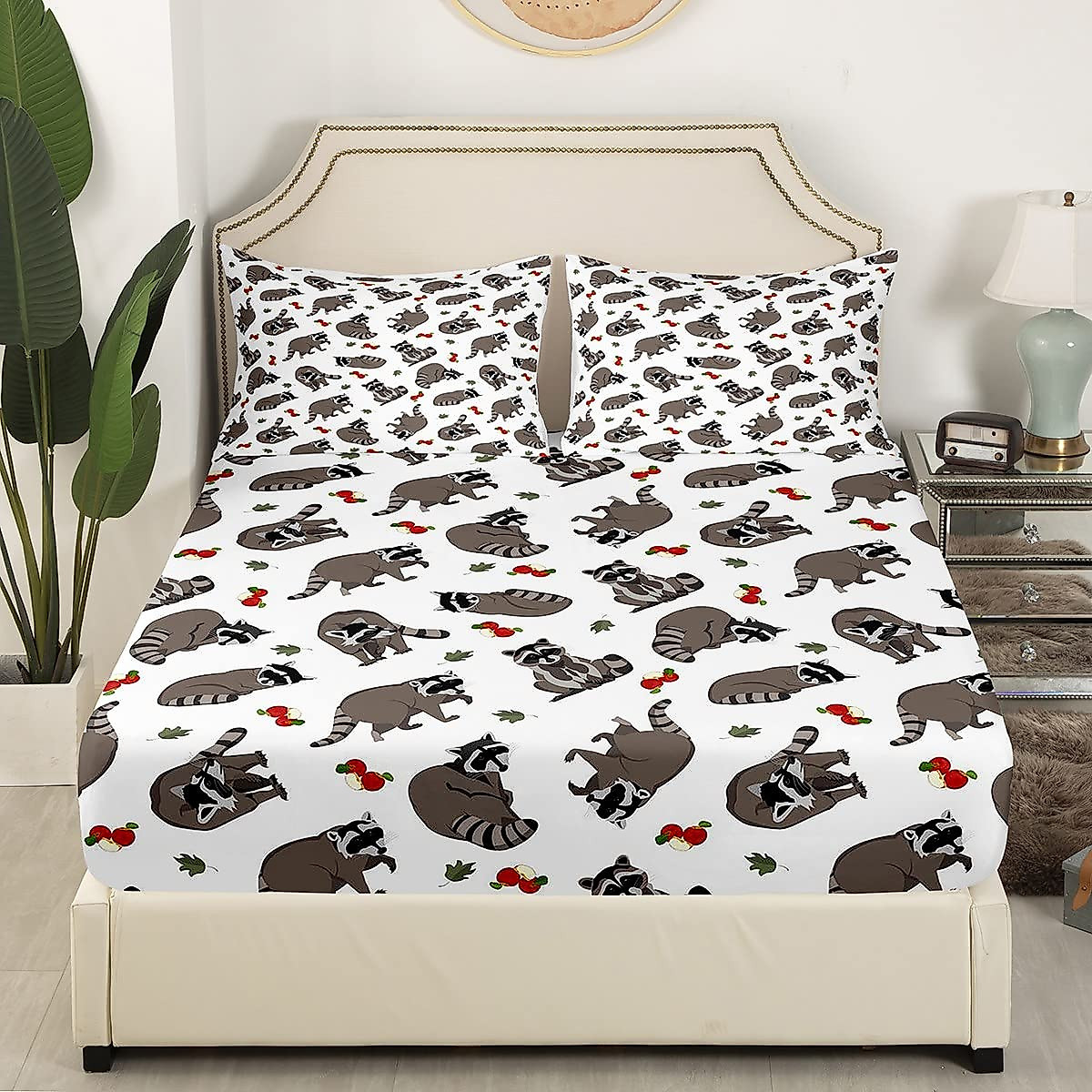 Feelyou Cute Raccoons Bedding Fitted Sheet Cartoon Raccoon Bed Sheet Set for Kids Boys Girls Lovely Fruits Leaves Decor Bedding Sheets Grey Animal Bed Cover with 2 Pillowcases 3Pcs Bedding Queen