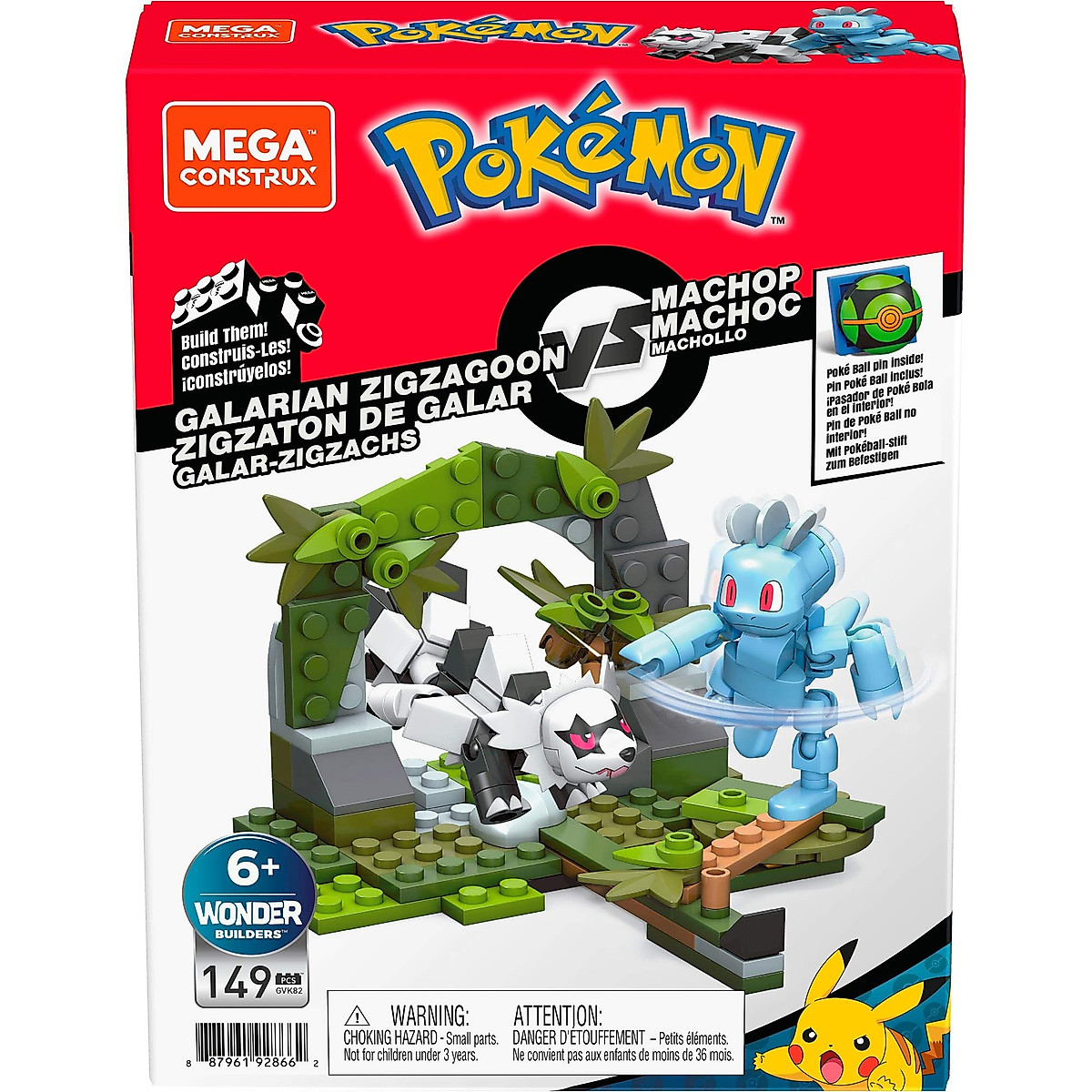 Mega Construx Pokemon Machop Vs. Galarian Zigzagoon Construction Set, Building Toys for Kids (GVK82) , Red, 6 years and up