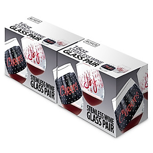 KOVOT Holiday"CHEERS" and"JOY" Stemless Wine Glass Set | 16 oz | Christmas Wine Glasses (2 Glasses)