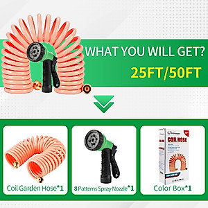 Yereen Coil Garden Hose 50FT, EVA Recoil Garden Hose, Self-coiling Water Hose with 3/4" Connector Fittings with 8 Function Spray Nozzle, Creamy Orange