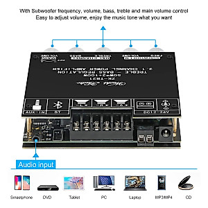 MakerHawk Bluetooth Amplifier Board HiFi Stereo 2.1 TPA3116D2 2X50W+100W 12V-24V Audio Power Amplifier Module Bass and Treble Control for Store Home Theater Speakers (ZK-TB21)