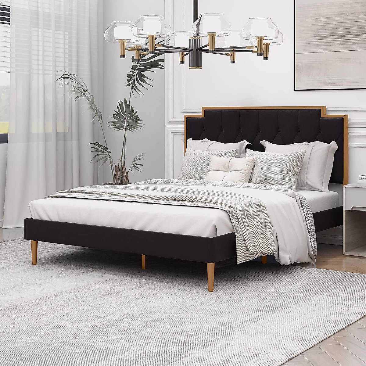 AGARTT Upholstered Platform Queen Size Bed Frame with Headboard Premium Stable Wood Slat Support No Box Spring Required Black