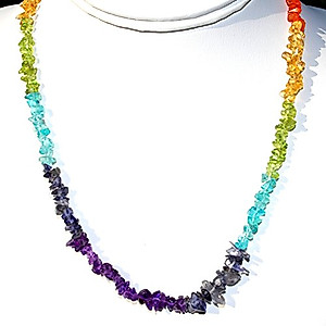 Zenergy Gems CHARGED 7 Chakra Necklace 18" Premium Tumble Polished Crystal Gemstone Chips Necklace (Amethyst, Iolite, Blue Apatite, Peridot, Citrine, Carnelian Agate, & Garnet) + Selenite Heart