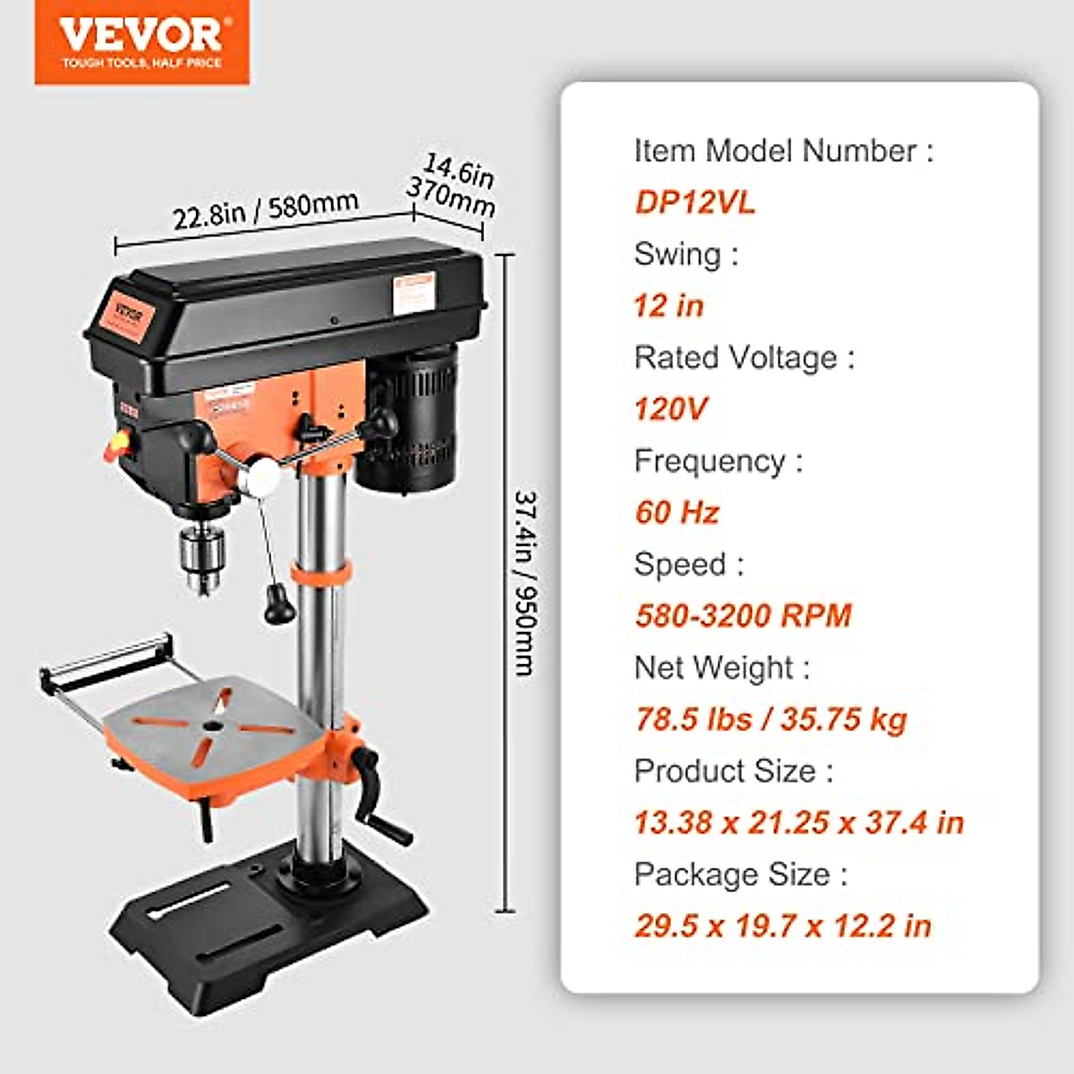 VEVOR 12 in Benchtop Drill Press, 5 Amp 120V, Variable Speed Cast Iron Bench Drill Press, 12 in Swing Distance 0-45° Tiltling Worktable with Laser Work Light, Tabletop Drilling Machine for Wood Metal